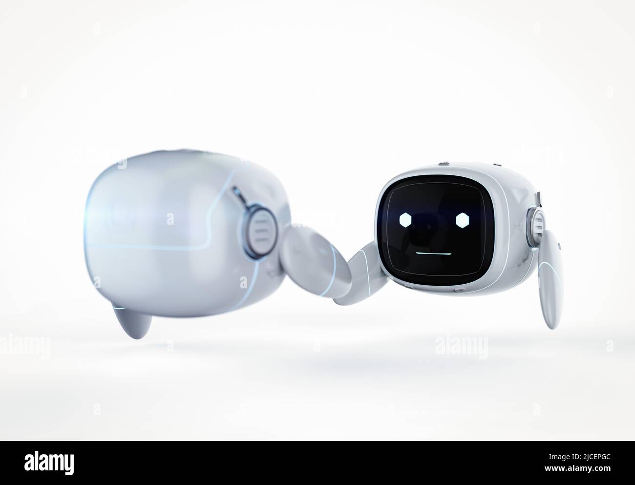 3d rendering cute assistant artificial intelligence robot no leg with cartoon character hand ...