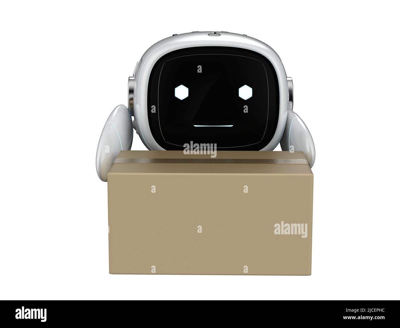 3d rendering cute assistant artificial intelligence robot no leg delivery cardboard box Stock ...