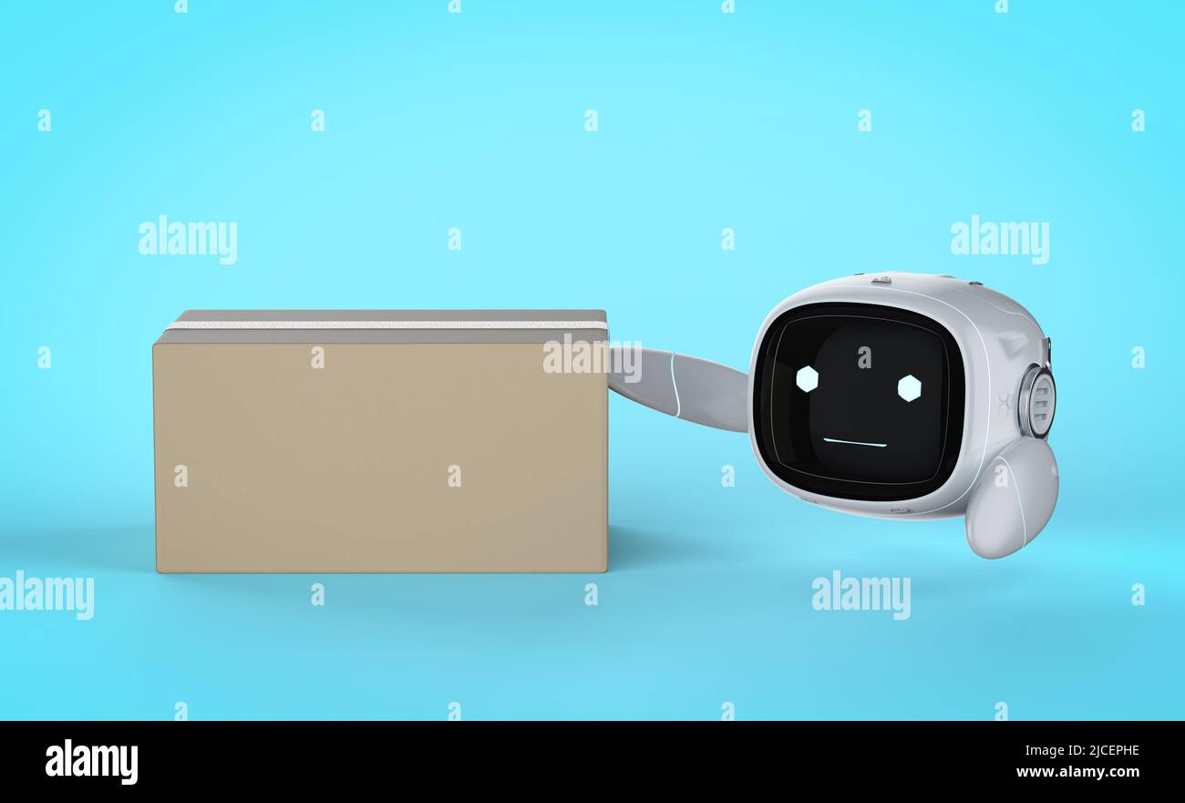 3d rendering cute assistant artificial intelligence robot no leg delivery cardboard box Stock ...