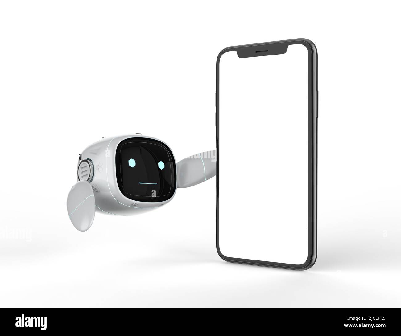 3d rendering cute assistant artificial intelligence robot no leg with empty screen mobile phone ...