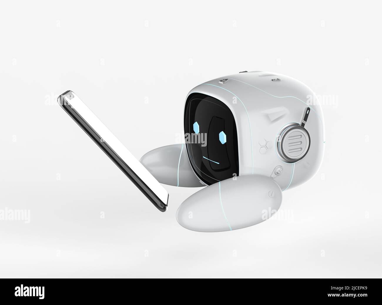 3d rendering cute assistant artificial intelligence robot no leg with empty screen mobile phone ...