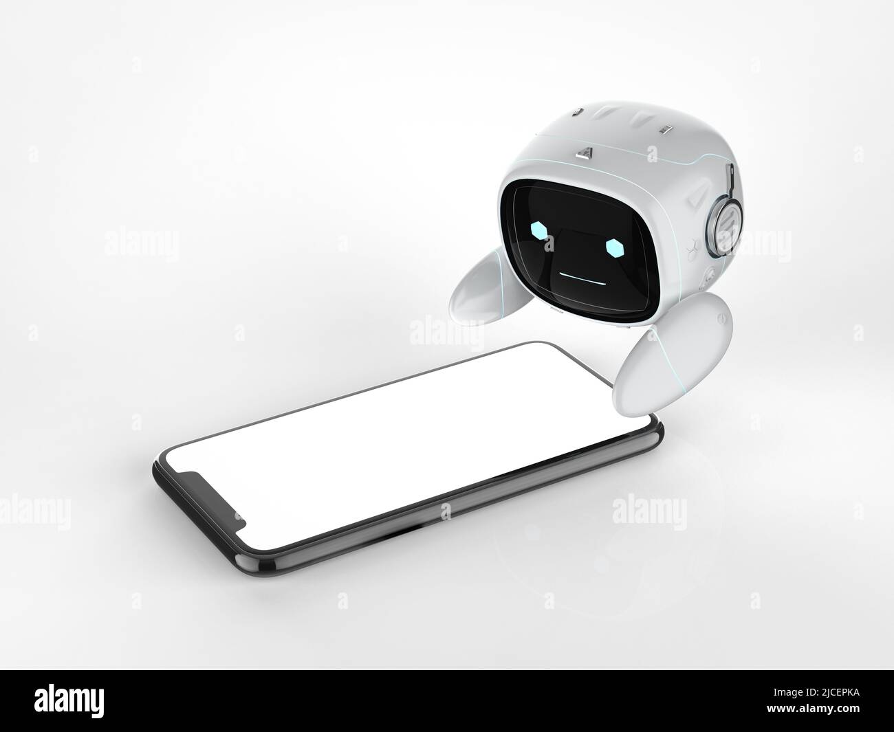3d rendering cute assistant artificial intelligence robot no leg with empty screen mobile phone ...