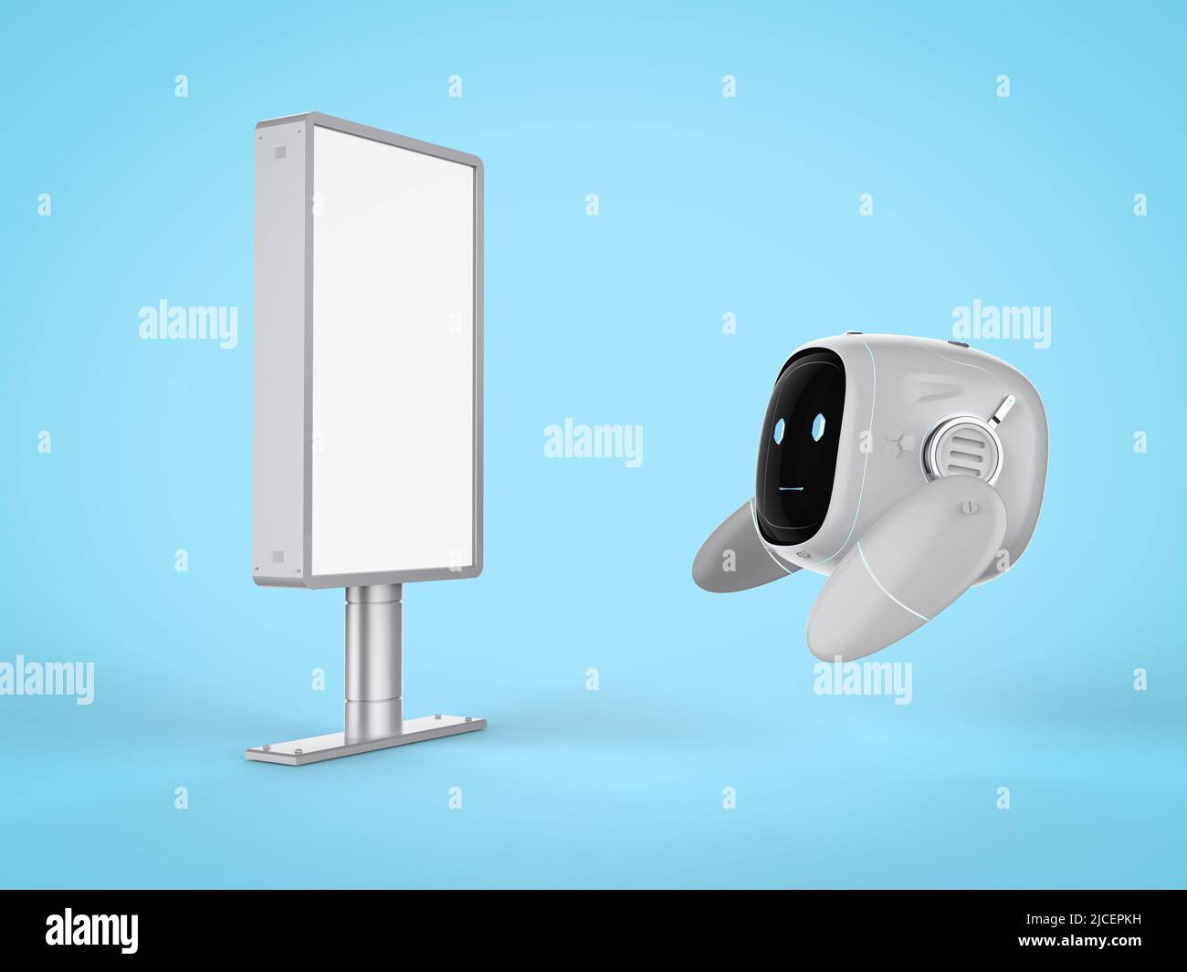 3d rendering cute assistant artificial intelligence robot no leg with blank led advertising ...