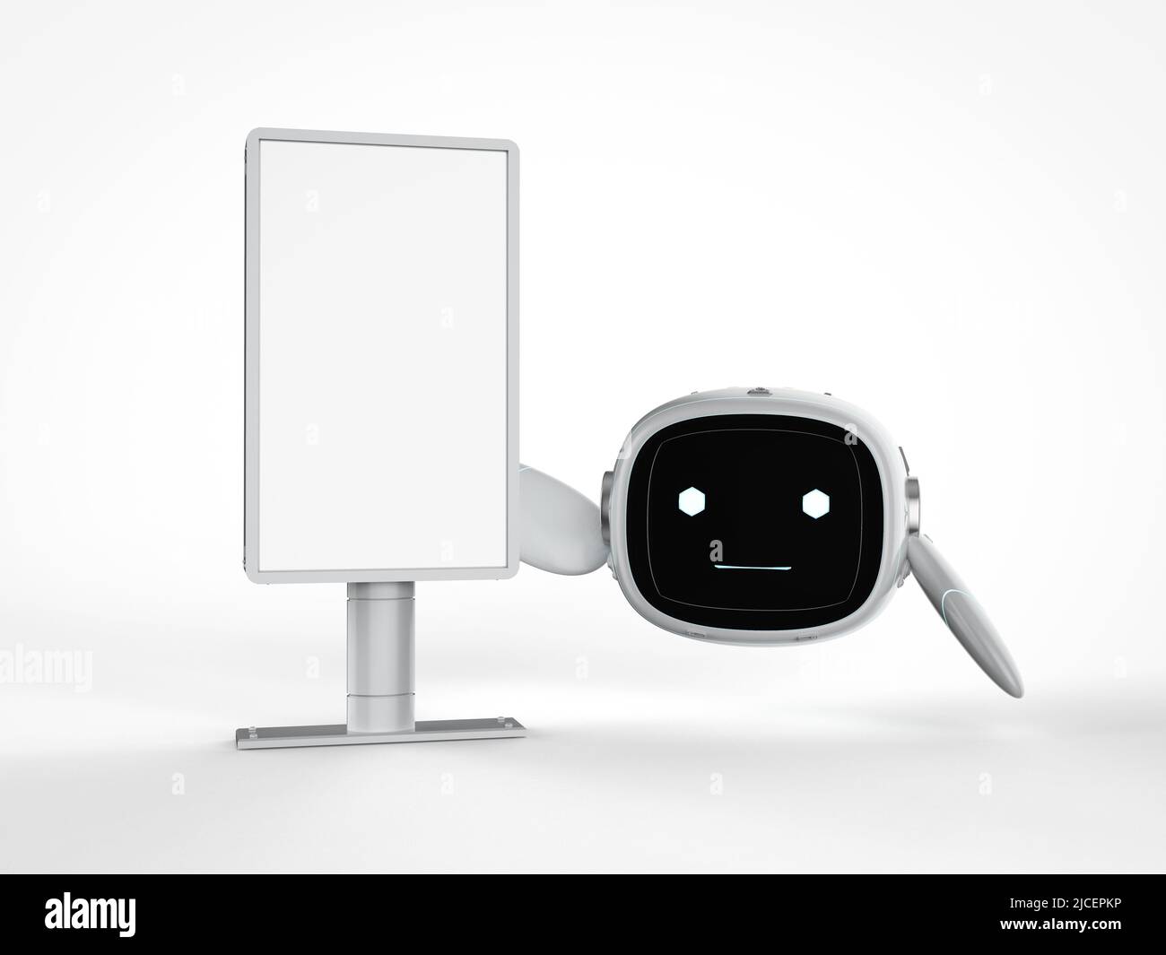 3d rendering cute assistant artificial intelligence robot no leg with blank led advertising ...