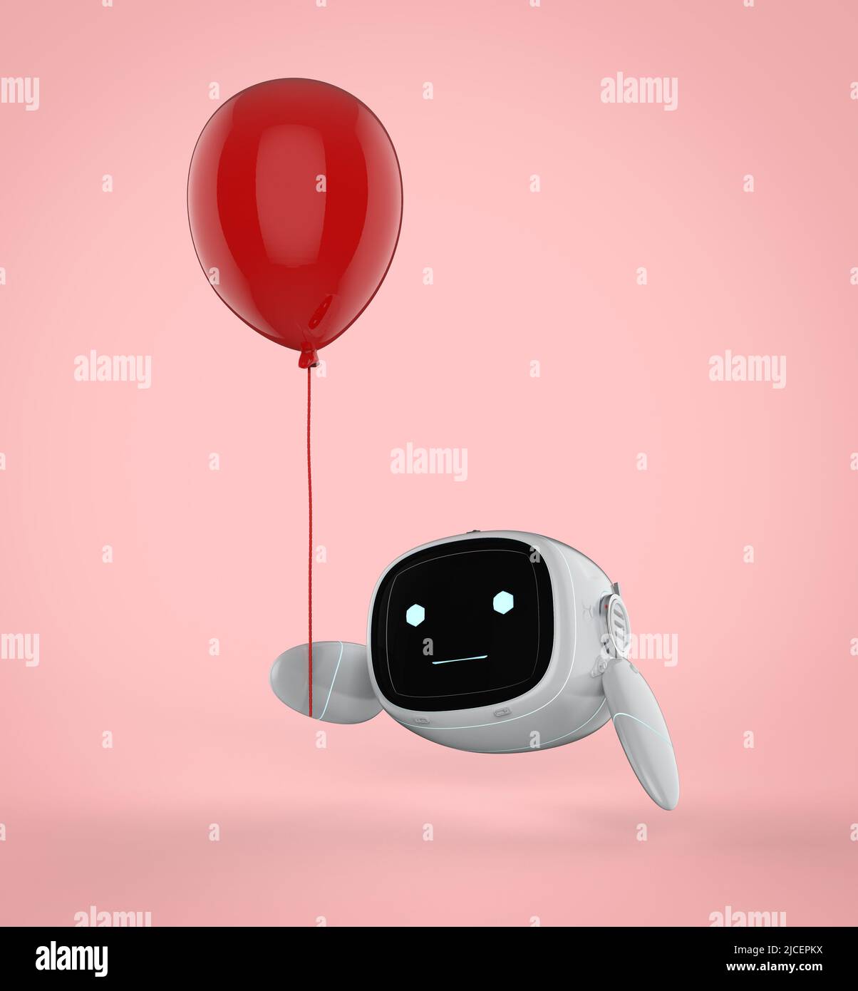 3d rendering cute assistant artificial intelligence robot no leg with cartoon character hold red ...