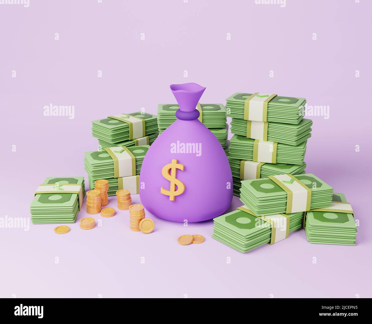 3d money concept. money bag, coins,stack and bundle of money Stock ...