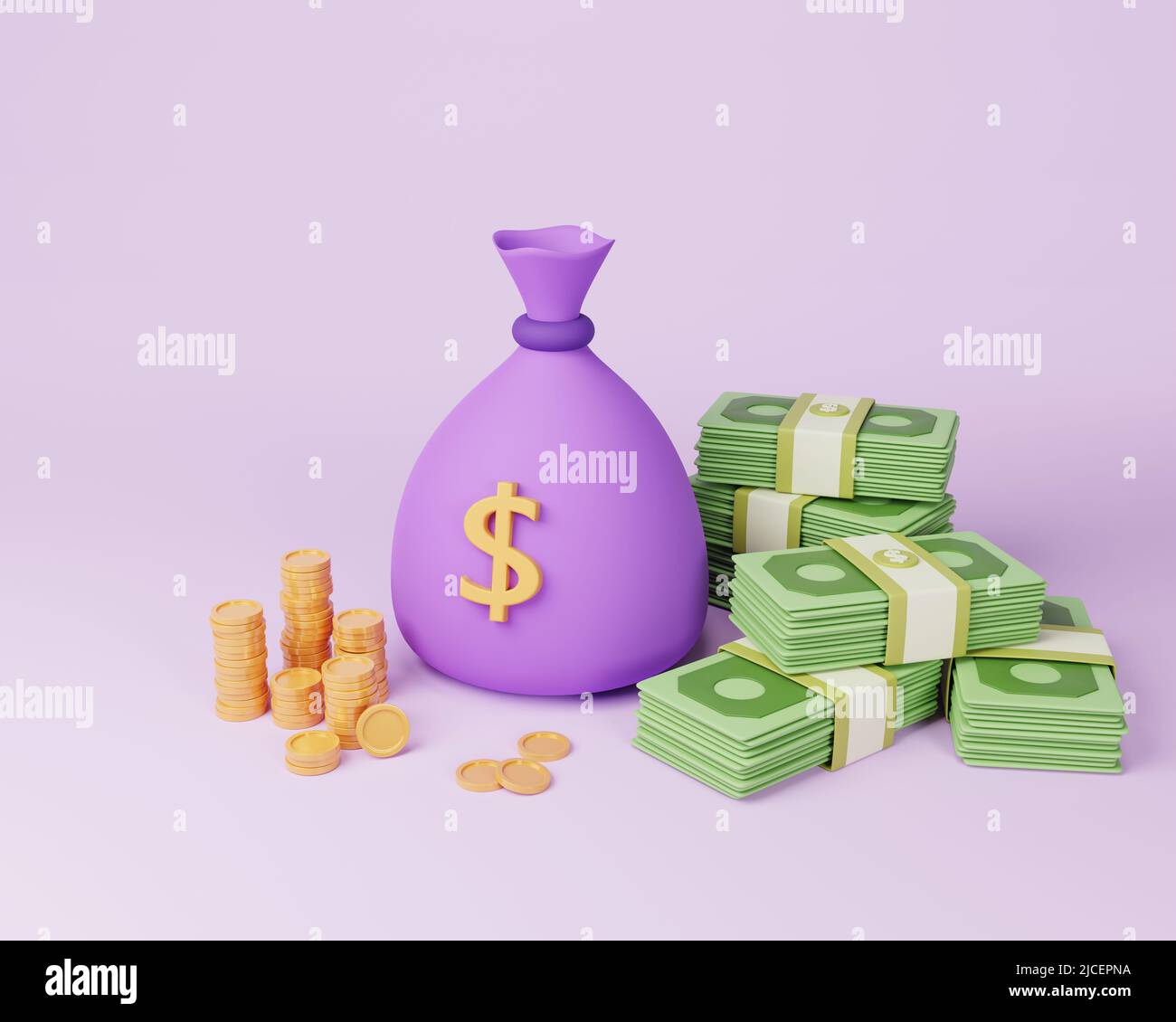 3d money concept. money bag, coins,stack and bundle of money Stock ...
