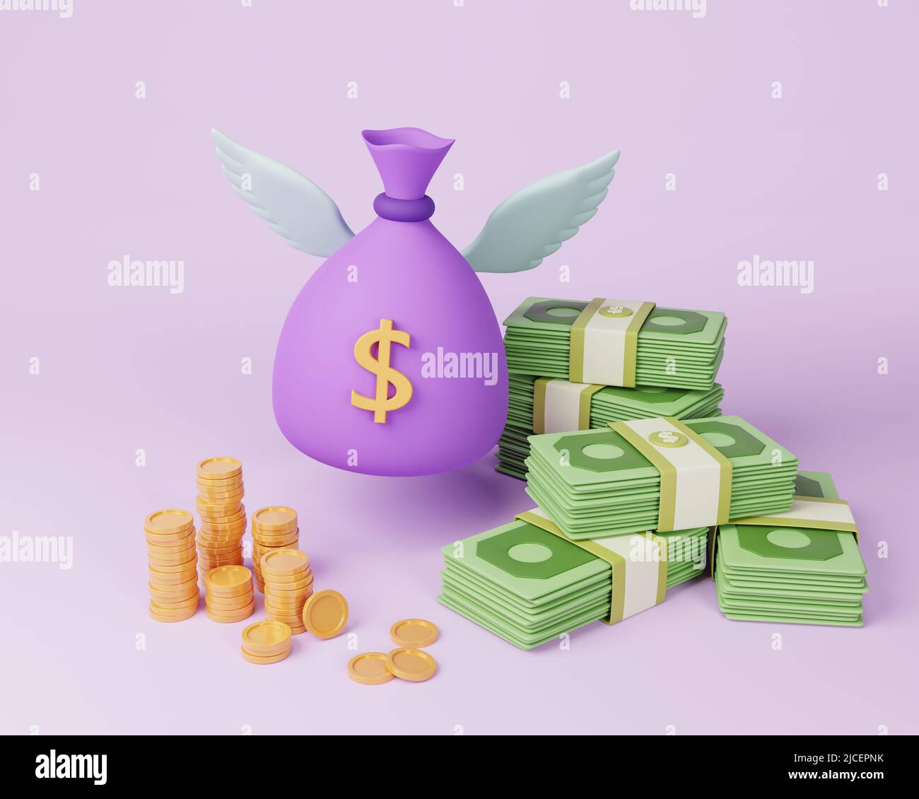 3d money concept. flying bag of money, coins,stack and bundle of money ...