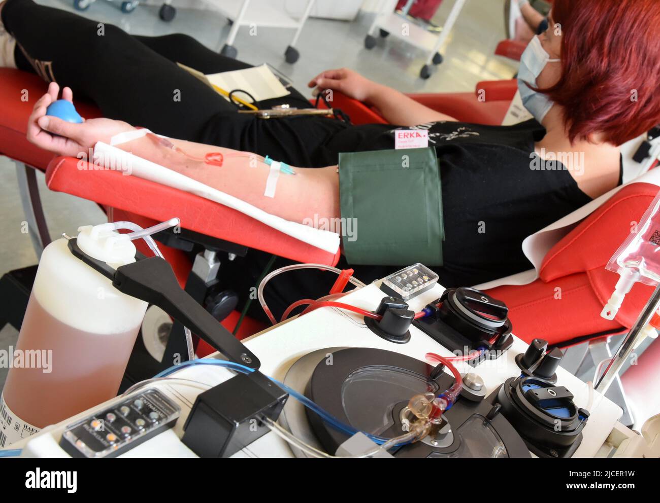 Leipzig, Germany. 09th June, 2022. A woman donates plasma at the Haema ...