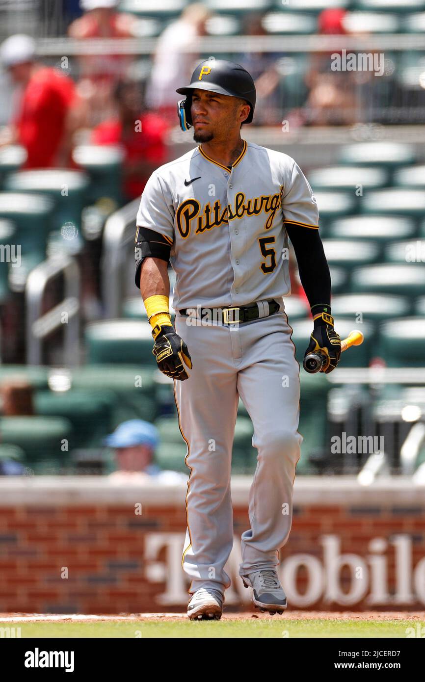 Pittsburgh Pirates catcher Michael Perez (5) reacts after striking out ...