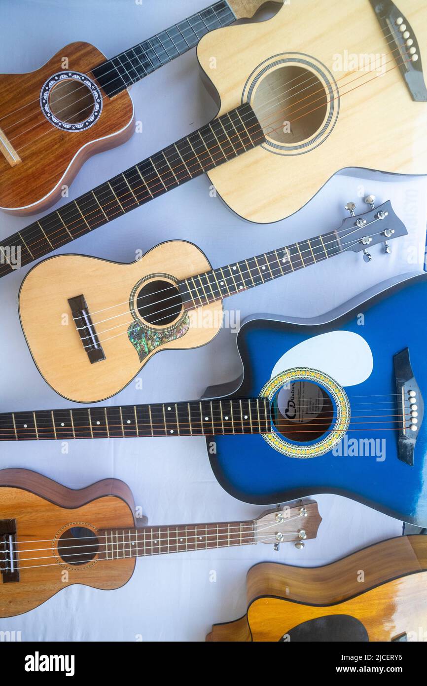 Cebu made guitars of different colors and sizes at a stall in Lapulapu ...