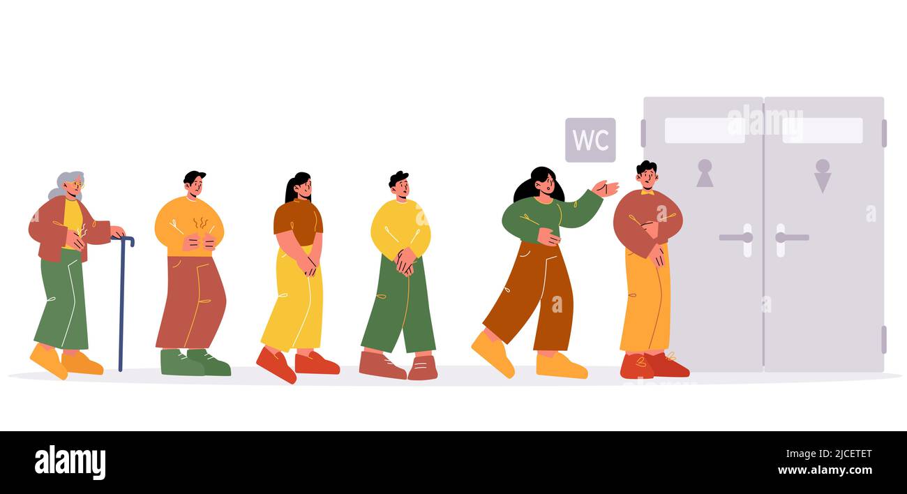 Queue to the toilet. People waiting at WC door stand in line. Unhappy ...