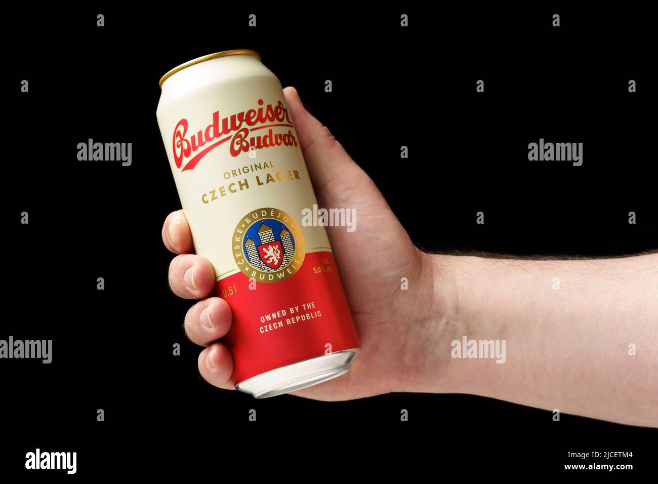 Odessa, Ukraine - June 03, 2022: A man offers a can of beer Budweiser ...