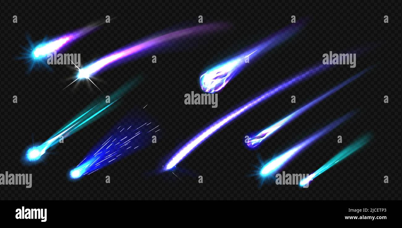 Flying comets, asteroids or meteors with flame trail isolated on ...