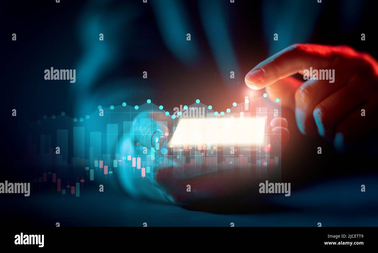 Office woman with smartphone. Stock market changes, business chart ...