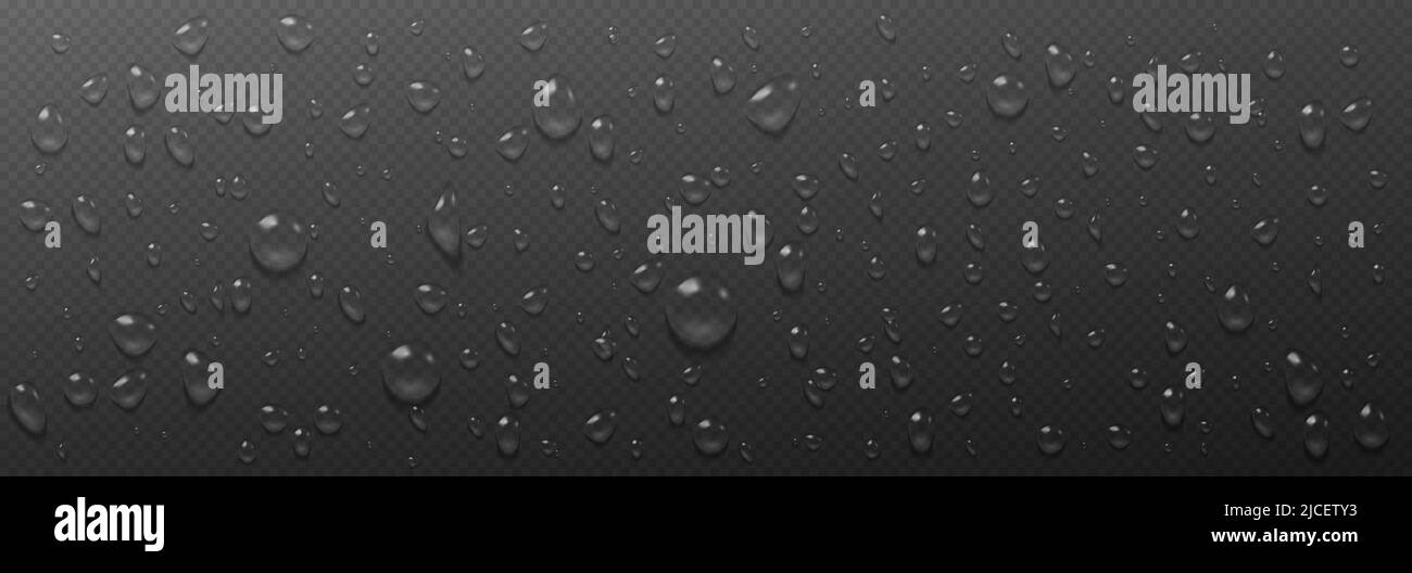 Condensation water drops on transparent background. Rain droplets with light reflection on dark ...