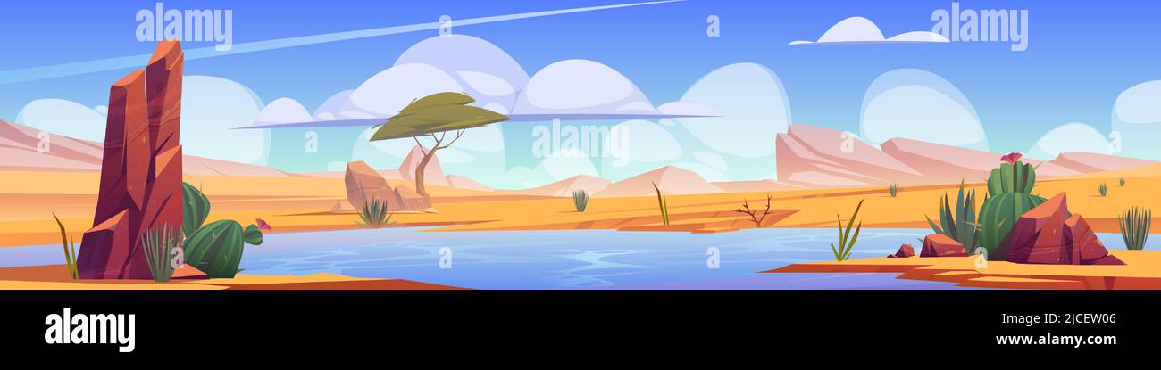 Oasis with blue water and plants in african desert. Vector cartoon ...