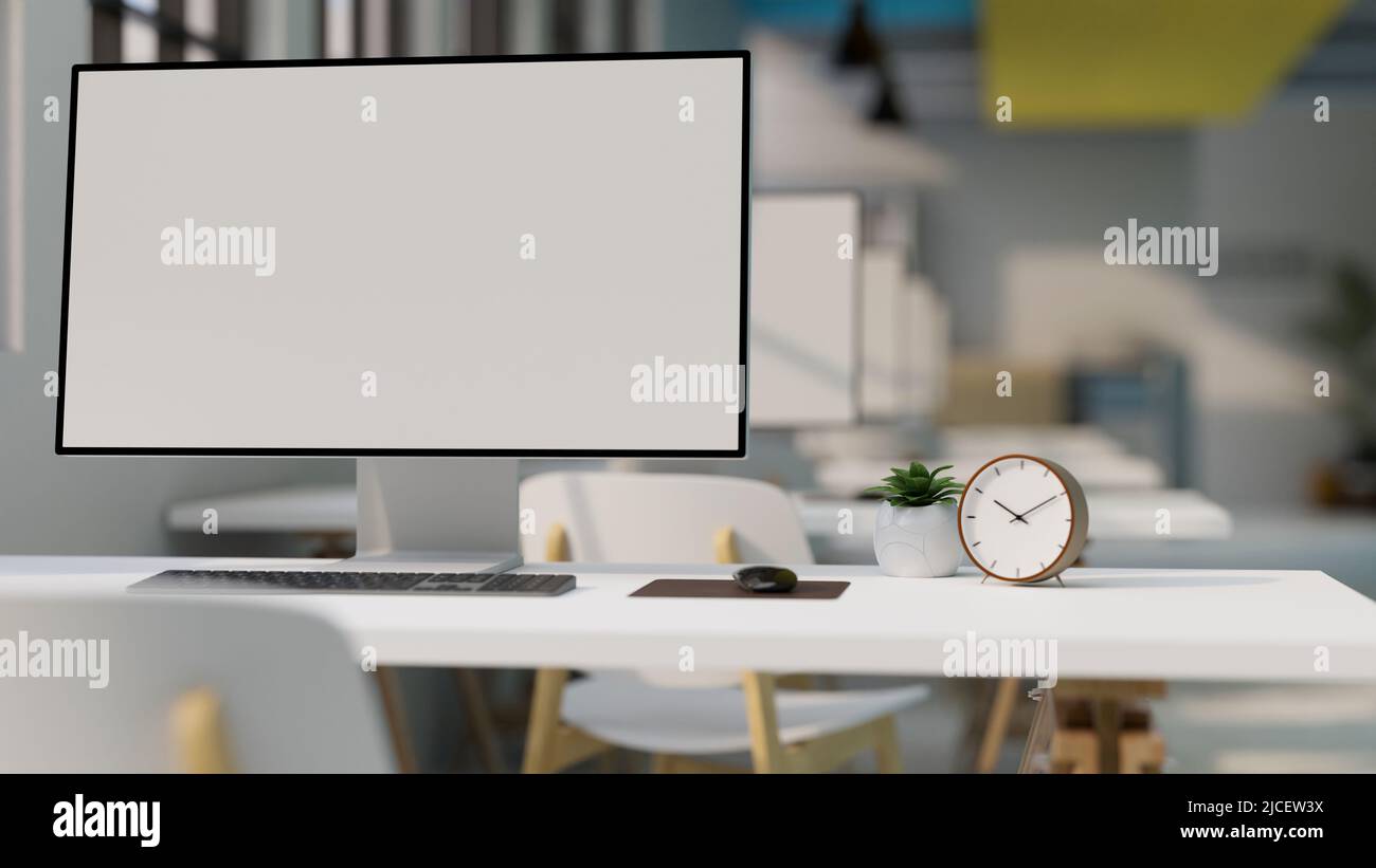 Modern office workplace with blank computer desktop white screen mockup ...