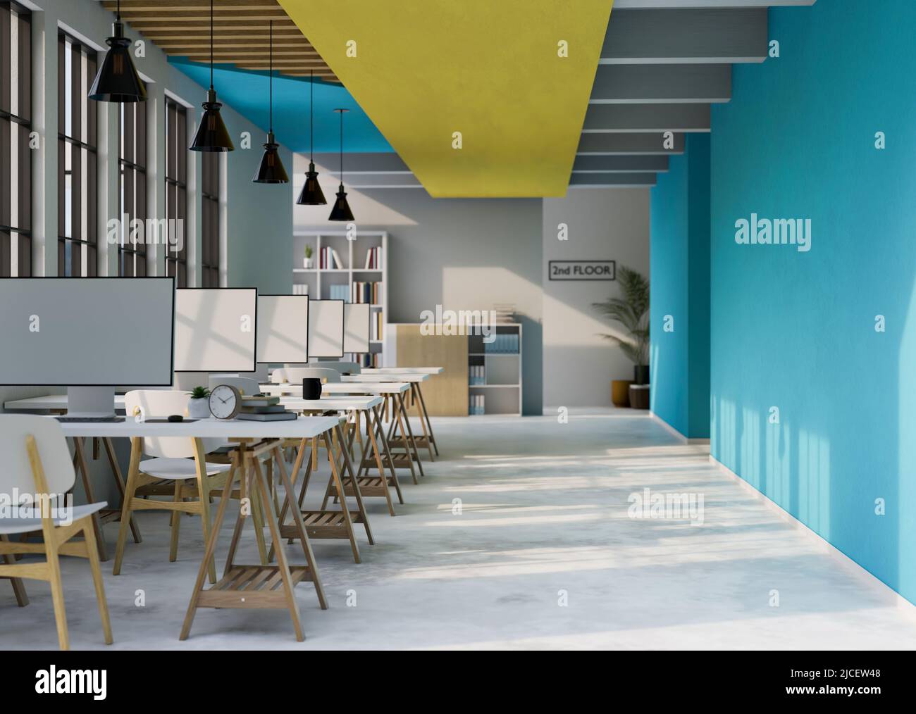 Modern stylish office workplace interior design with computer mockup on ...