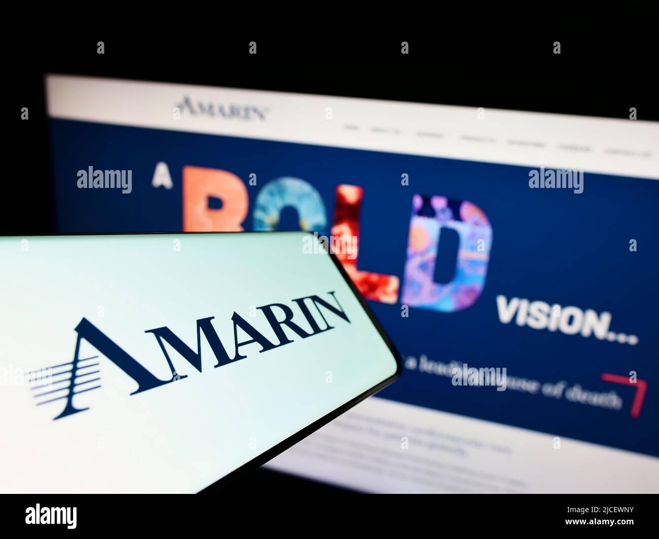 Smartphone with logo of biopharmaceutical company Amarin Corporation ...