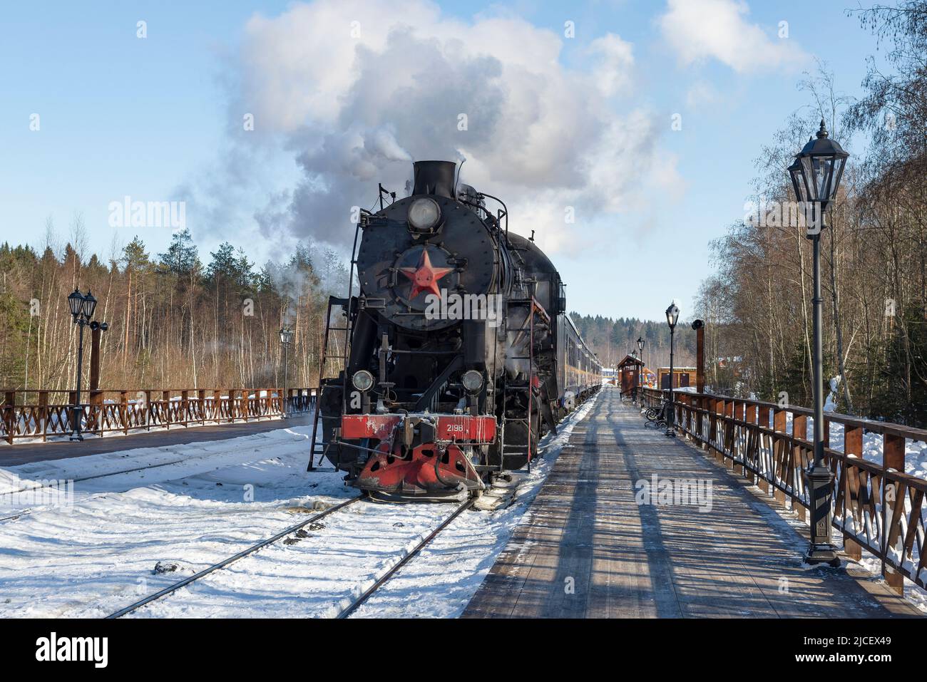 RUSKEALA, RUSSIA - MARCH 10, 2021: Soviet steam locomotive L-2198 with ...