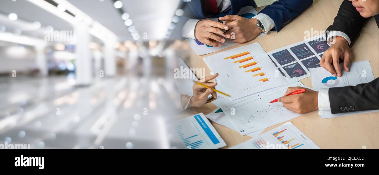 Smart businessman and businesswoman talking discussion in widen group ...