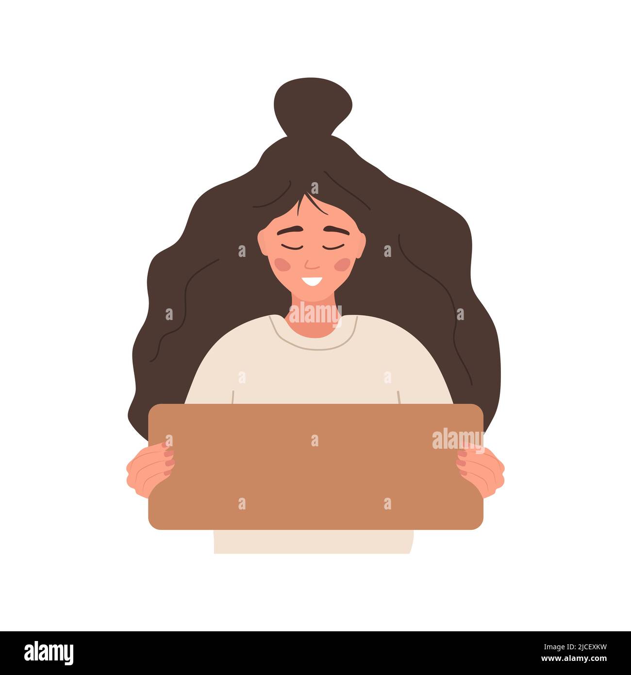 Woman holding cardboard blank sign. Template for your slogan. Paper ...