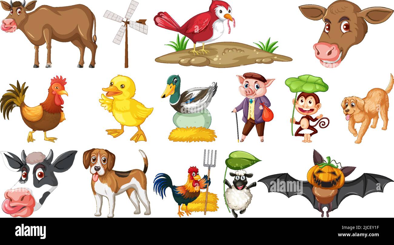 Many farm animals on white background illustration Stock Vector Image ...