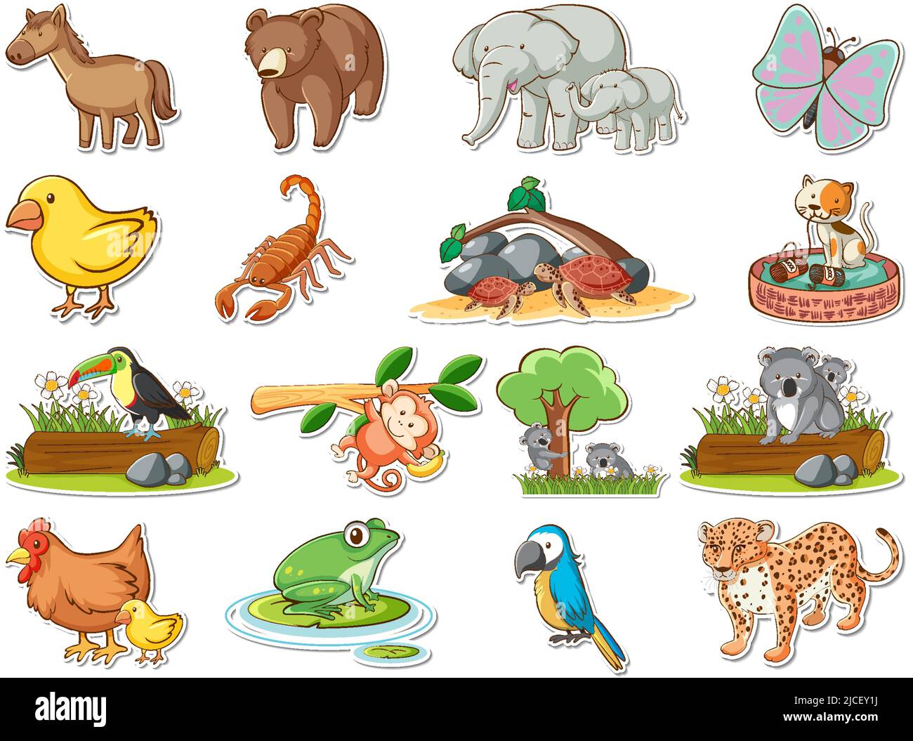 Sticker set of cartoon wild animals illustration Stock Vector Image ...