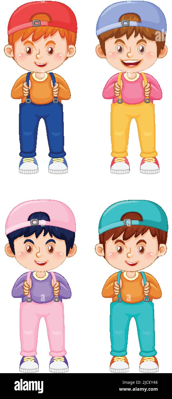 Set of cute boy cartoon character wearing cap on white background ...