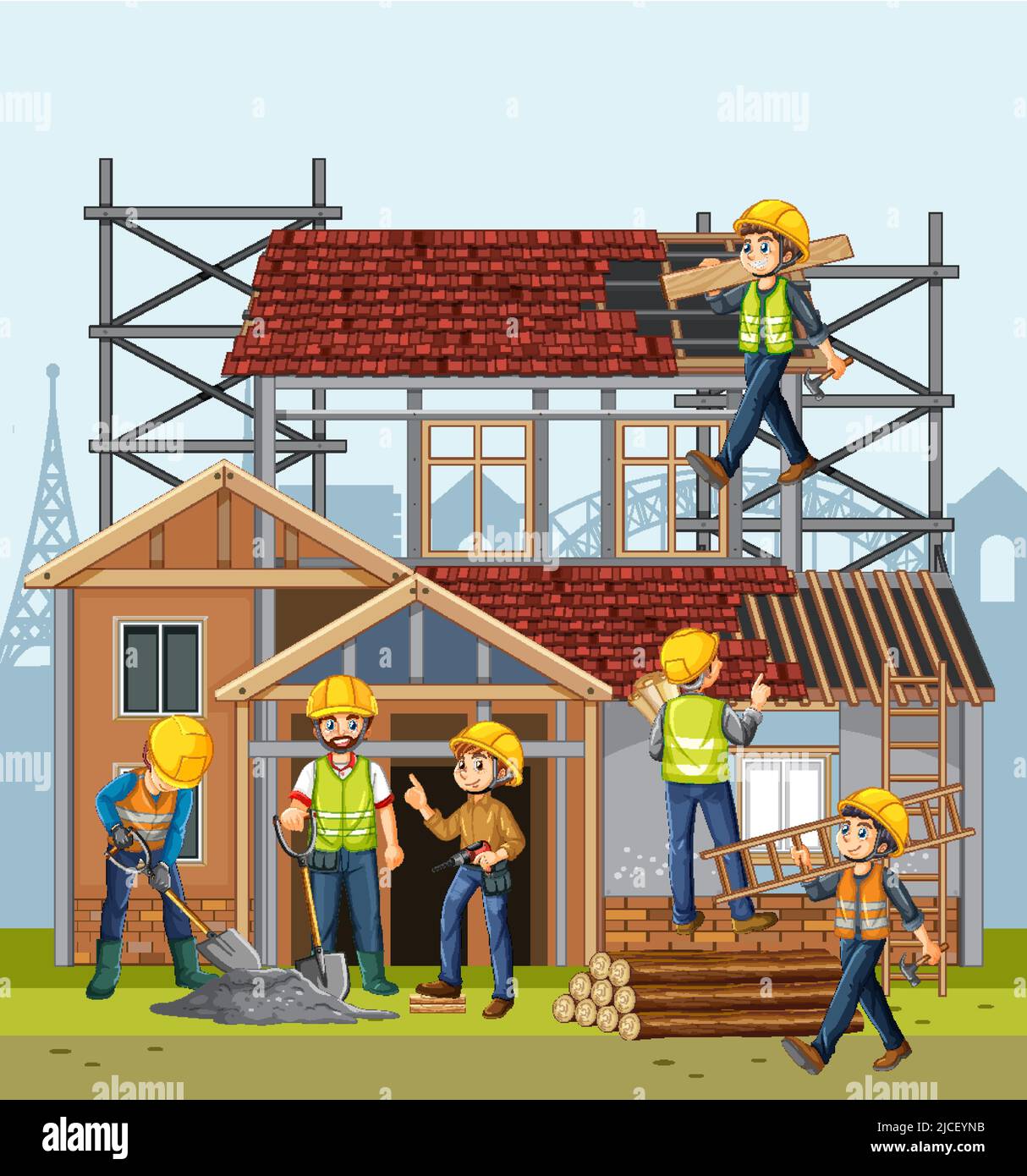 Building construction site with workers illustration Stock Vector Image ...