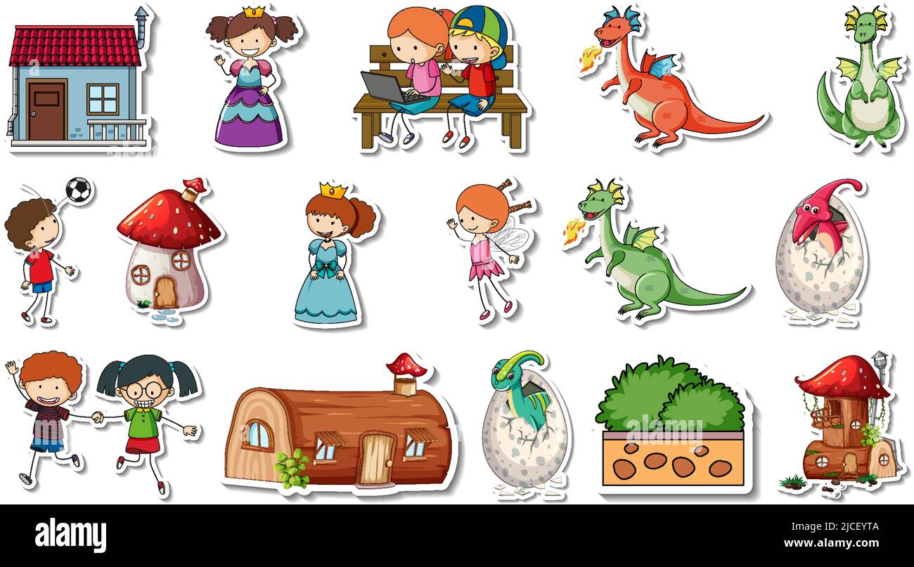 Sticker set of fantasy fairy tale cartoon characters illustration Stock ...