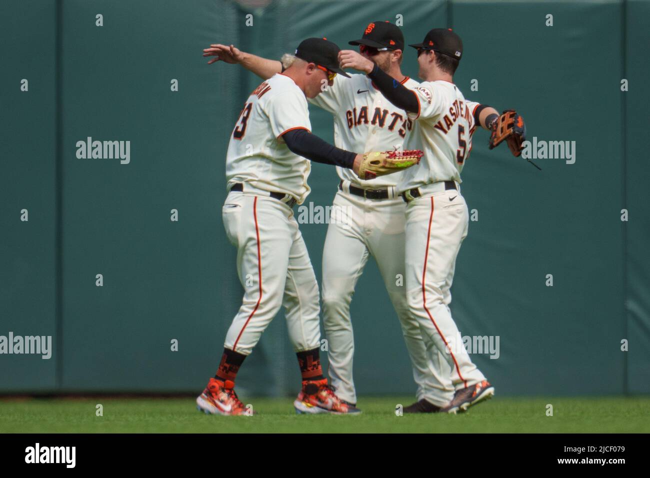 San Francisco Giants center fielder Austin Slater (13) and San ...