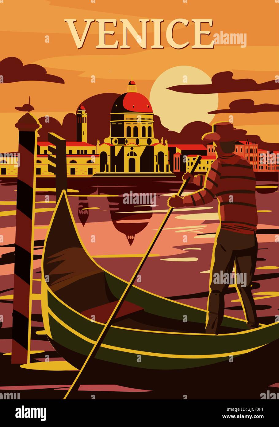 Venice Italia Poster retro style. Sunset Grand Canal, gondolier ...