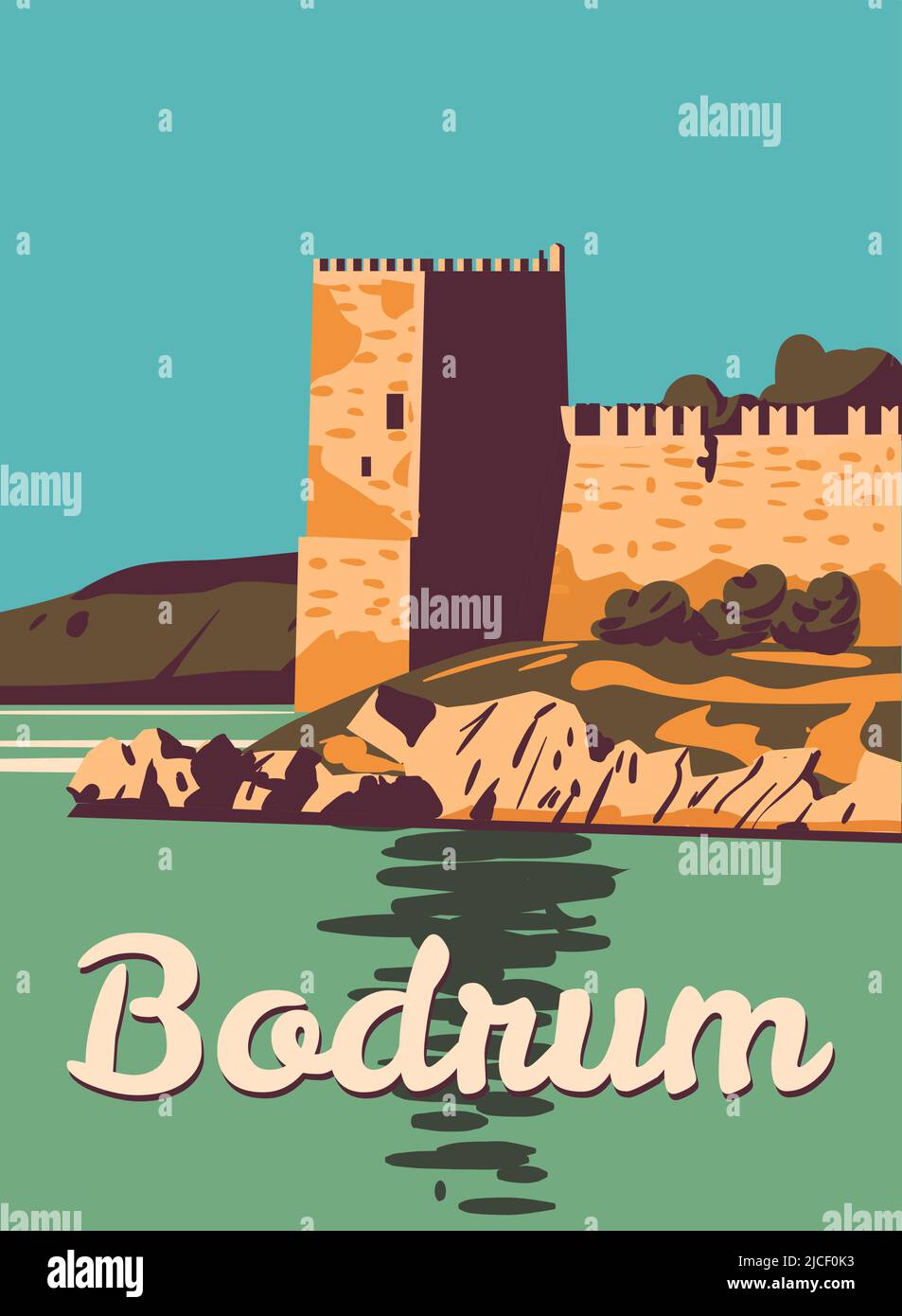 Bodrum Castle retro poster, Turkey resort. Vintage touristic postcard ...