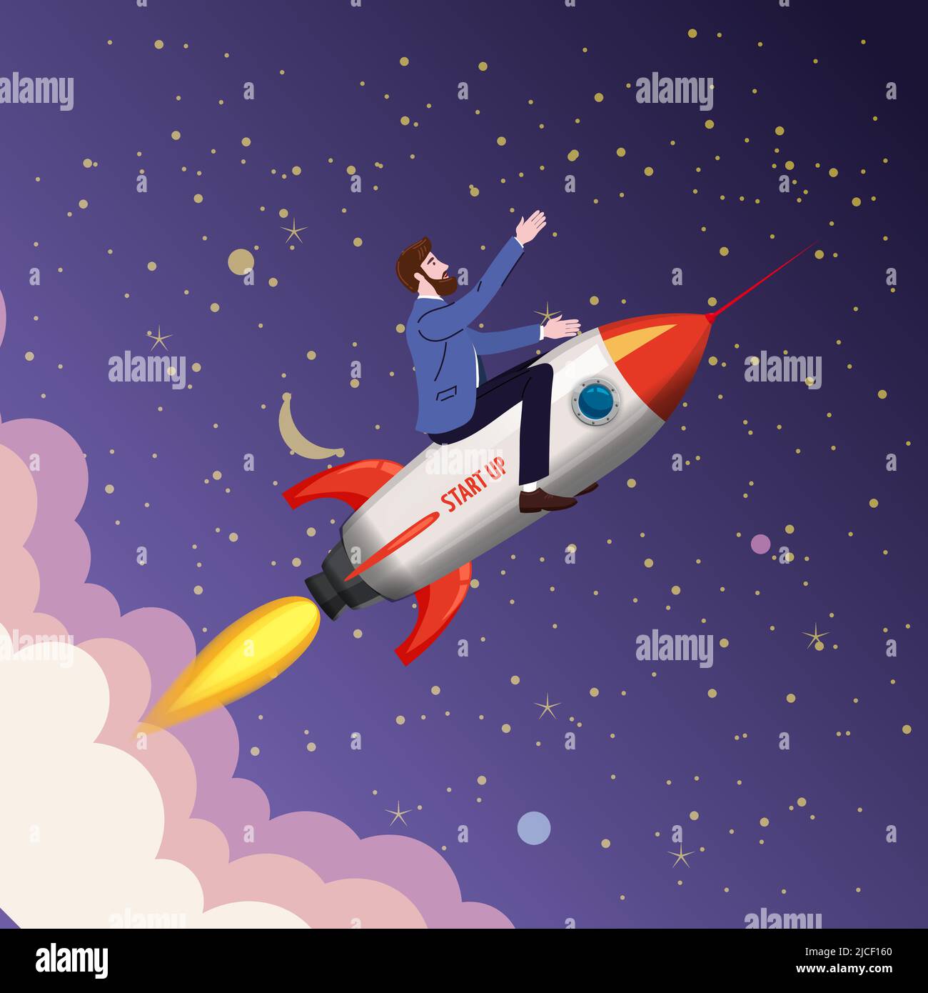 Businessman on a rocket fly through sky. Start up, goal achievement ...