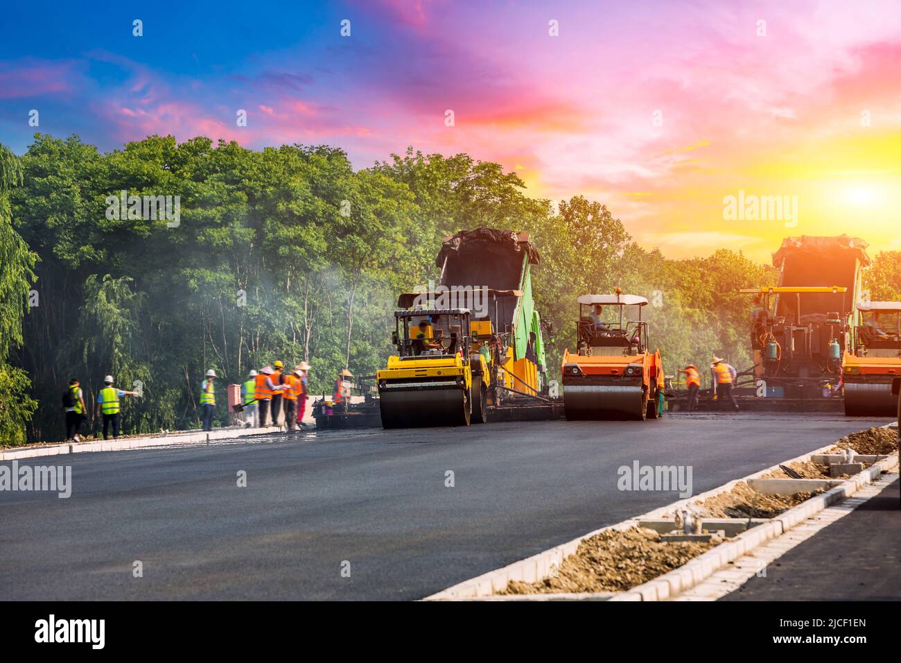 Construction site is laying new asphalt pavement. road construction ...
