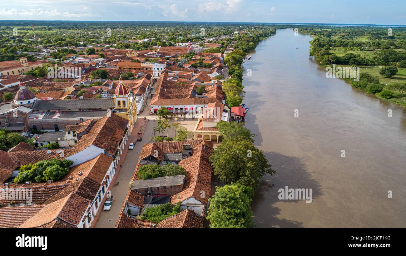 Close-up aerial view of the historic town Santa Cruz de Mompox and ...