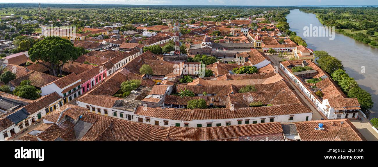 Panoramic aerial view of the historic town Santa Cruz de Mompox and ...
