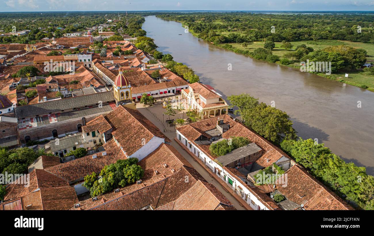 Aerial view of the historic town Santa Cruz de Mompox and river in ...