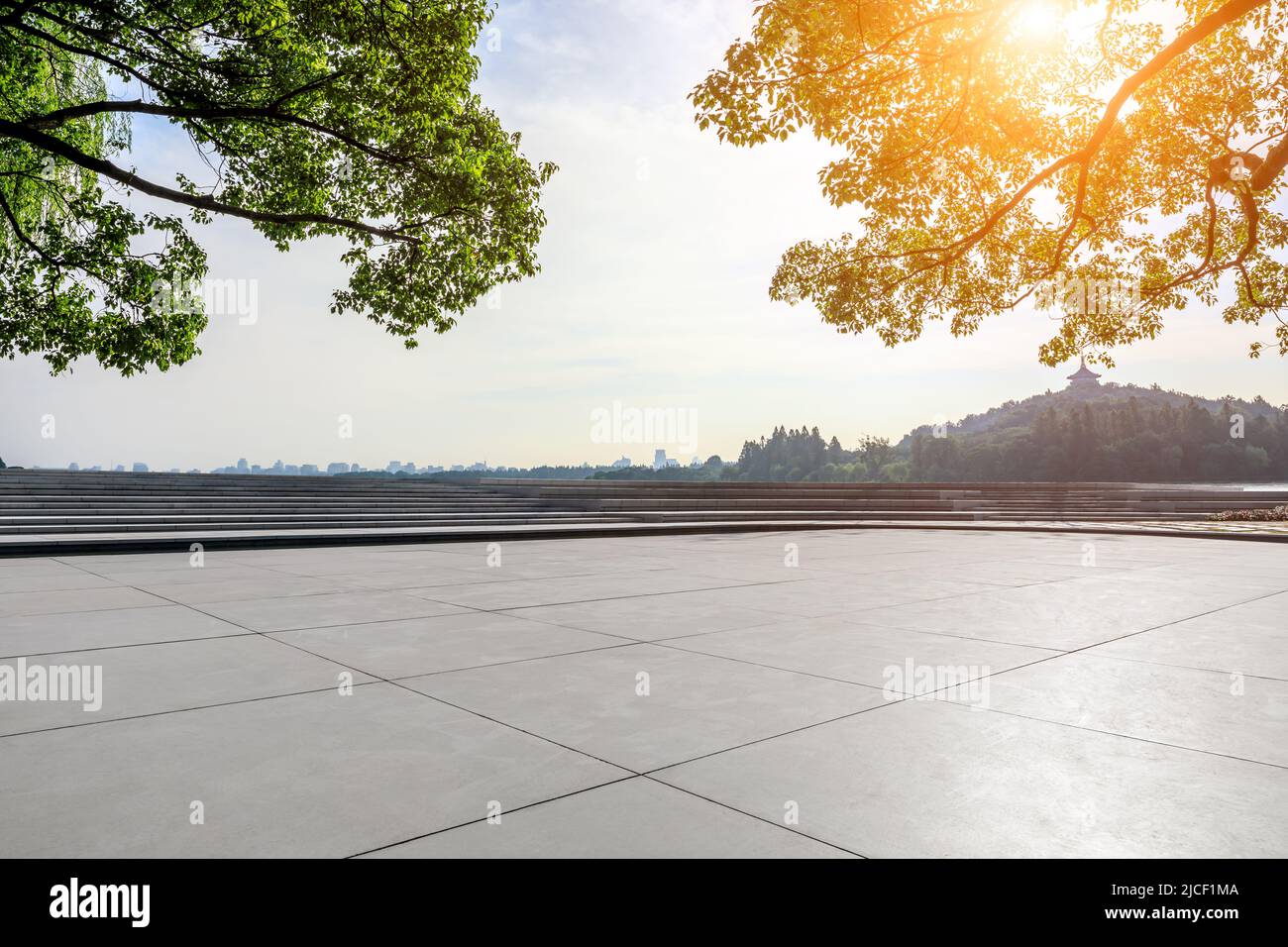 Empty square platform and green mountain with sky cloud landscape in ...