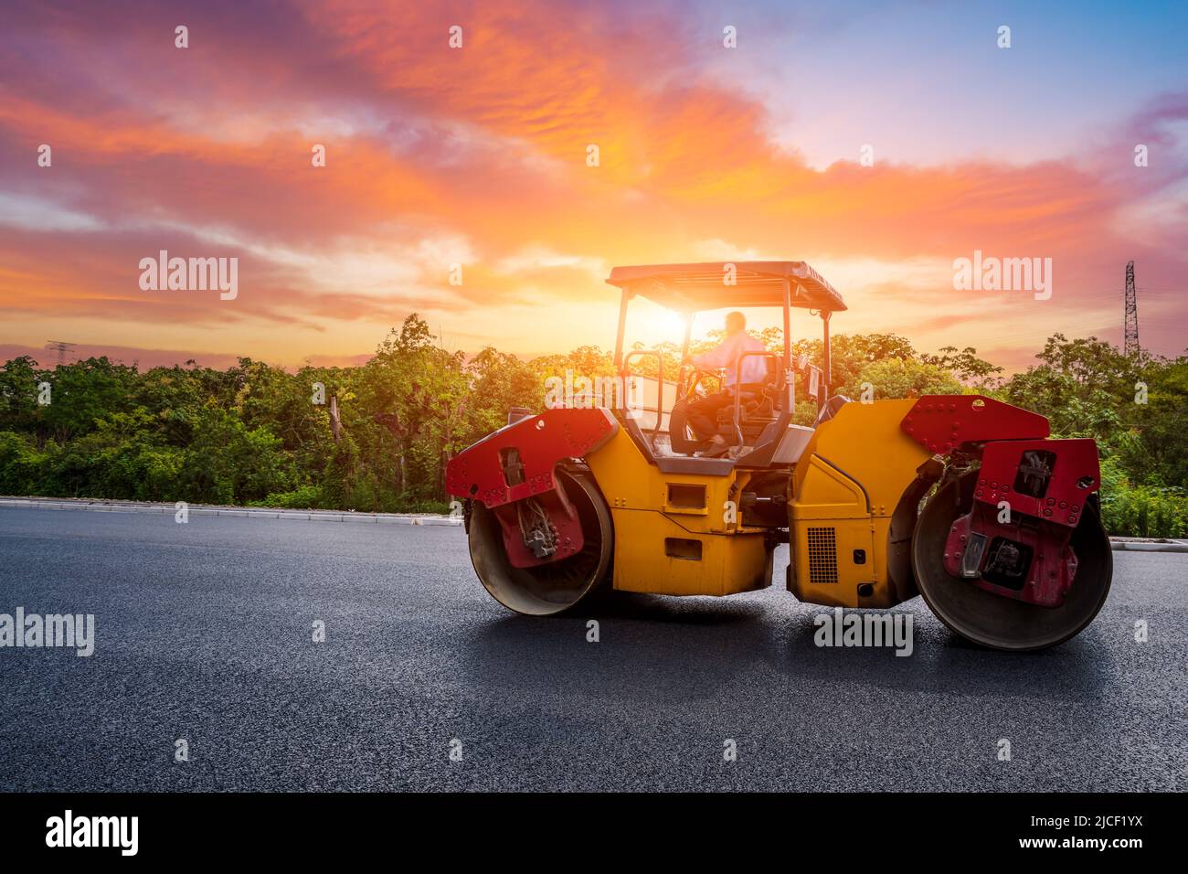 Construction site is laying new asphalt pavement. road construction ...