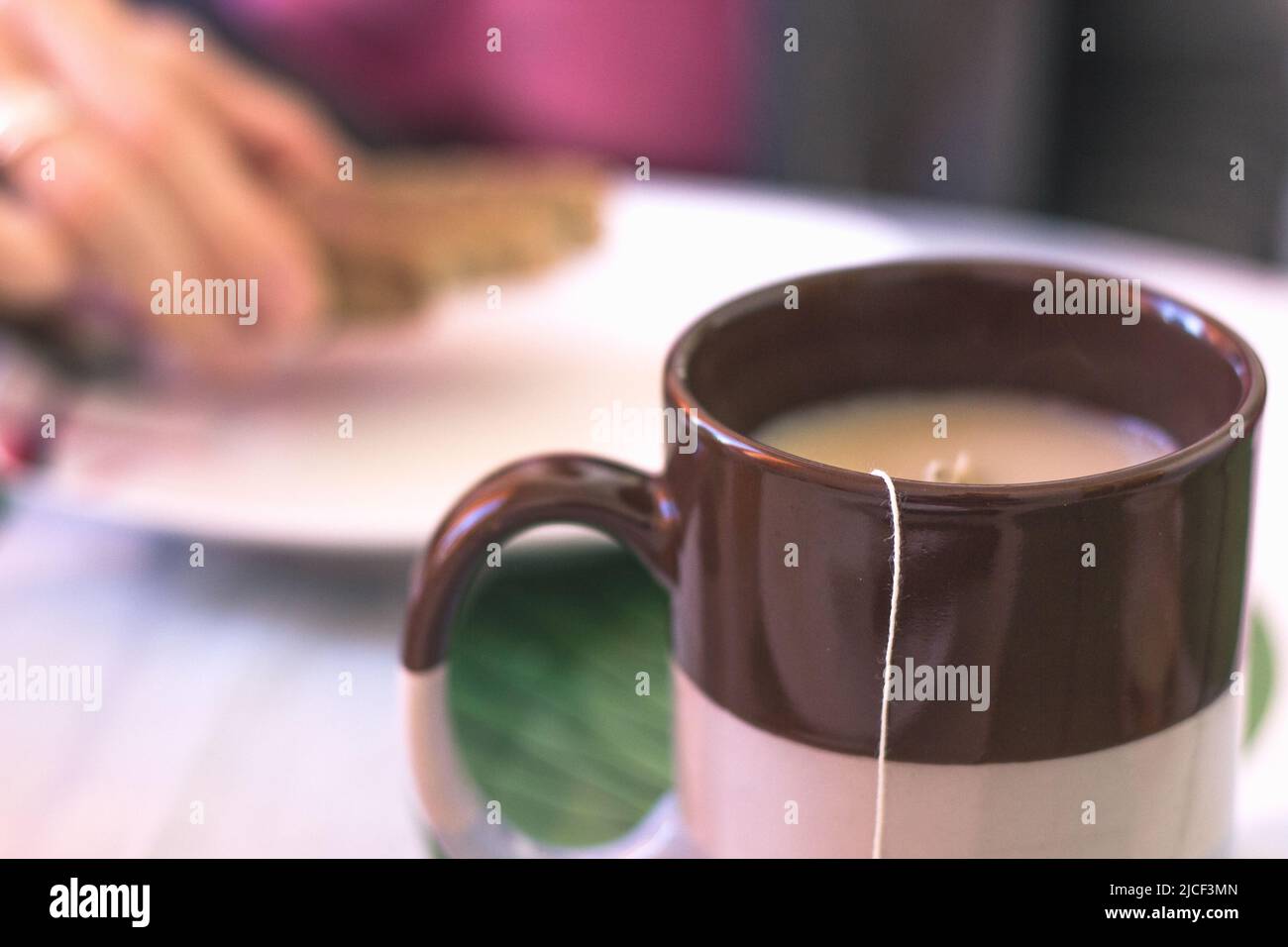 Hot tea bag thread coming out of brown mug. Breakfast concept ...