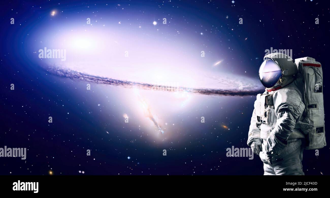 Astronaut in space in the solar system Earth. Blue light on background ...