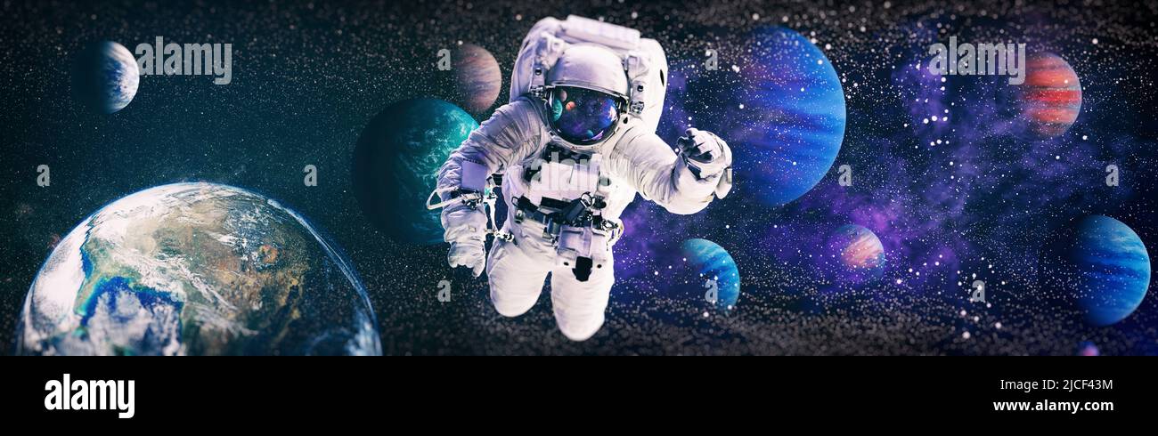 Astronaut in space in the solar system Earth. Blue light on background ...