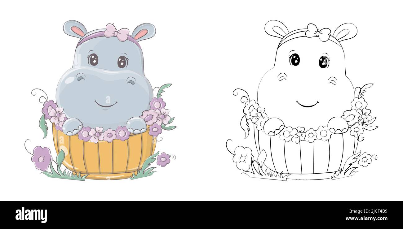 Hippopotamus Clipart for Coloring Page and Multicolored Illustration ...