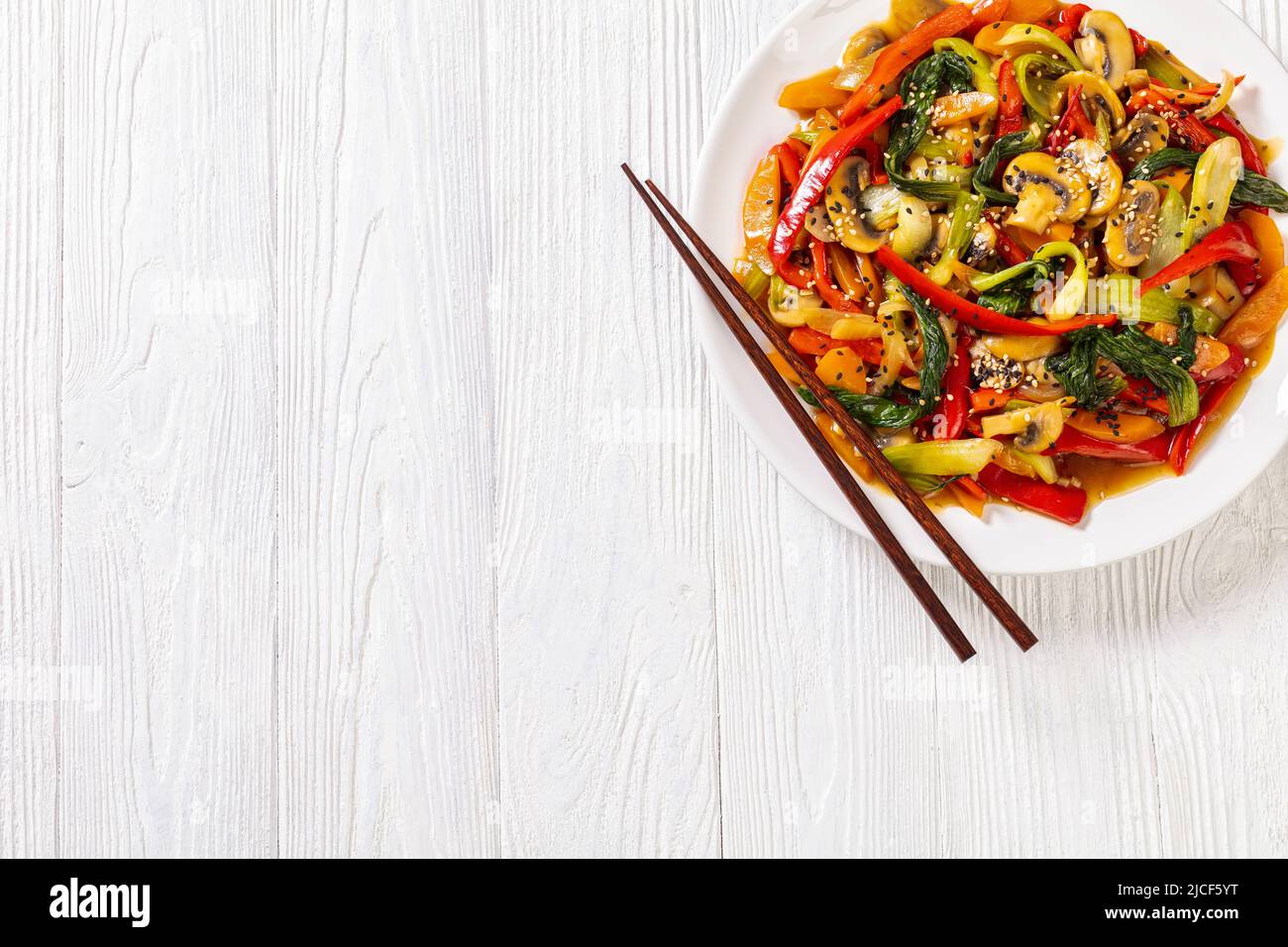 Vegetable Stir Fry of bok choy, red capsicum, mushrooms, onion, carrots ...