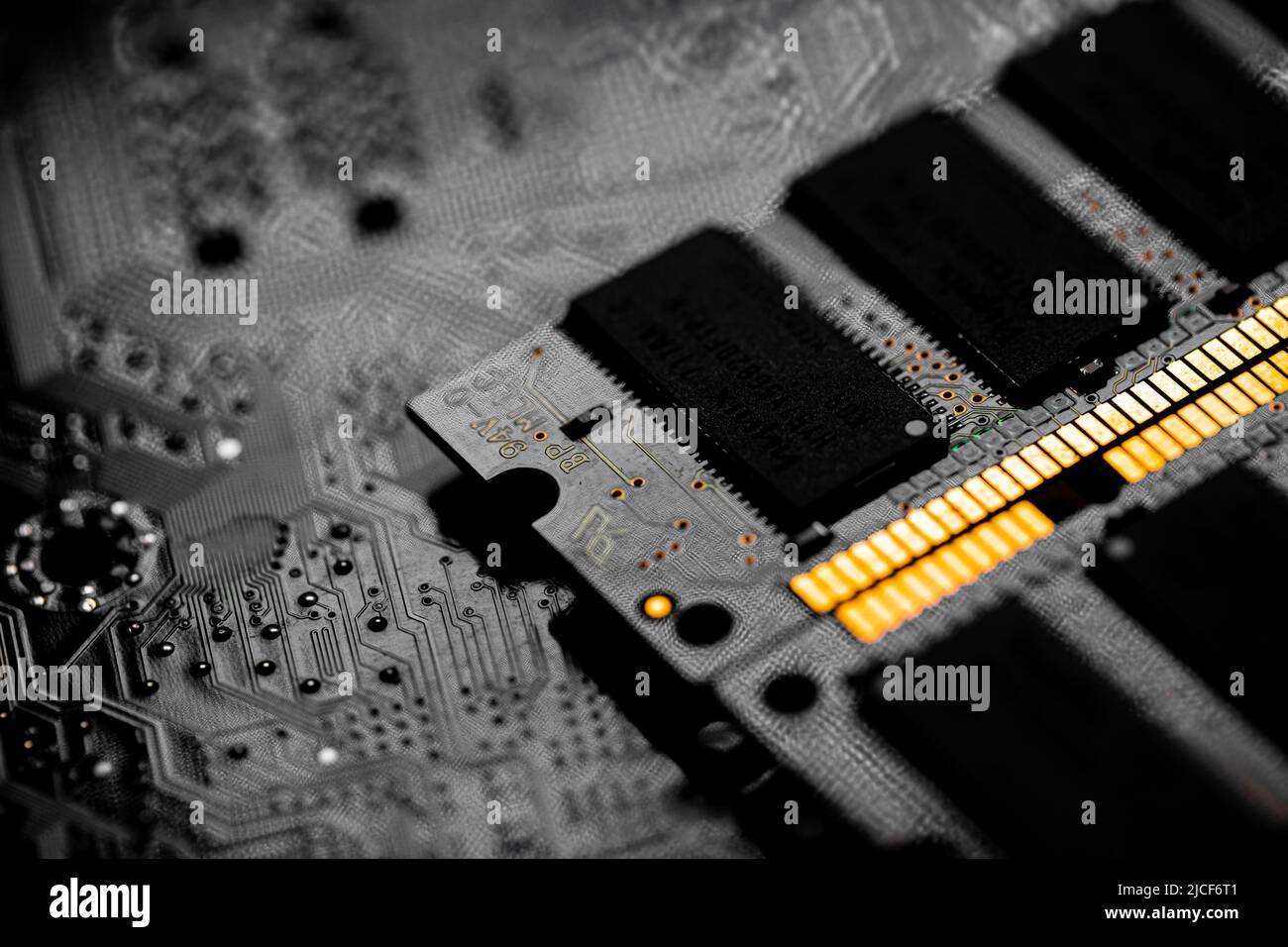 Macro Close up of computer RAM chip; random access memory chip slot for ...