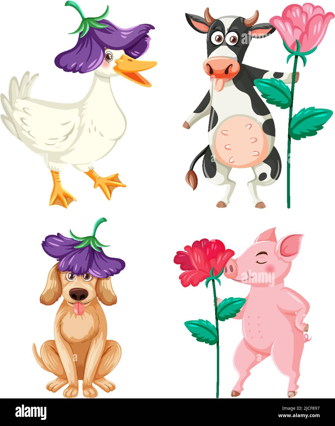 Set of cute animals with flower cartoon character illustration Stock ...