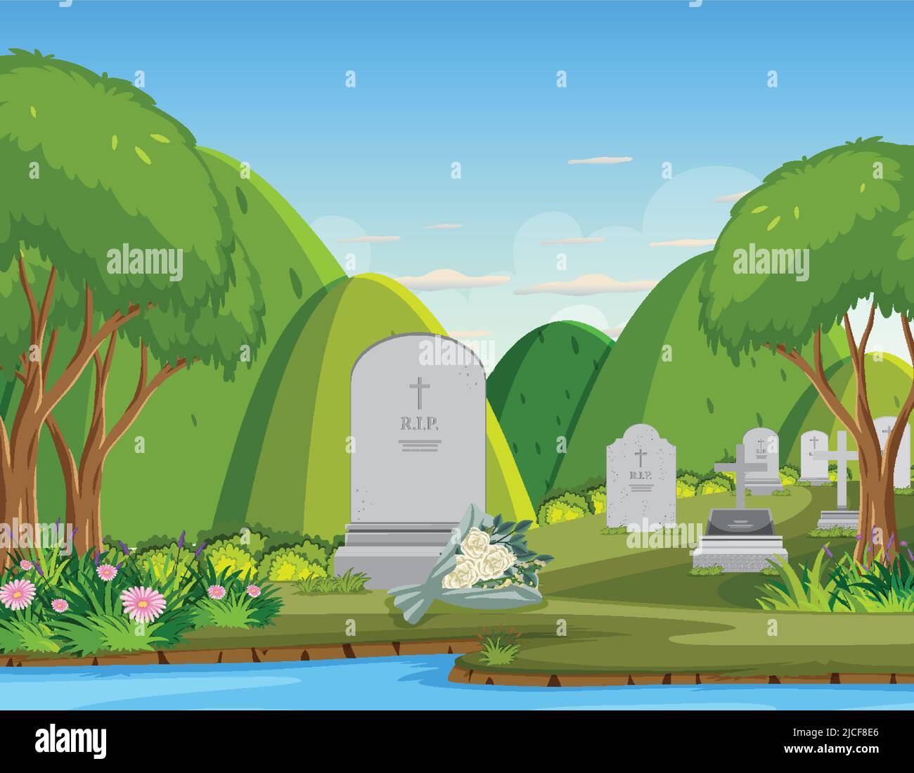 Scene of cemetery graveyard illustration Stock Vector Image & Art - Alamy